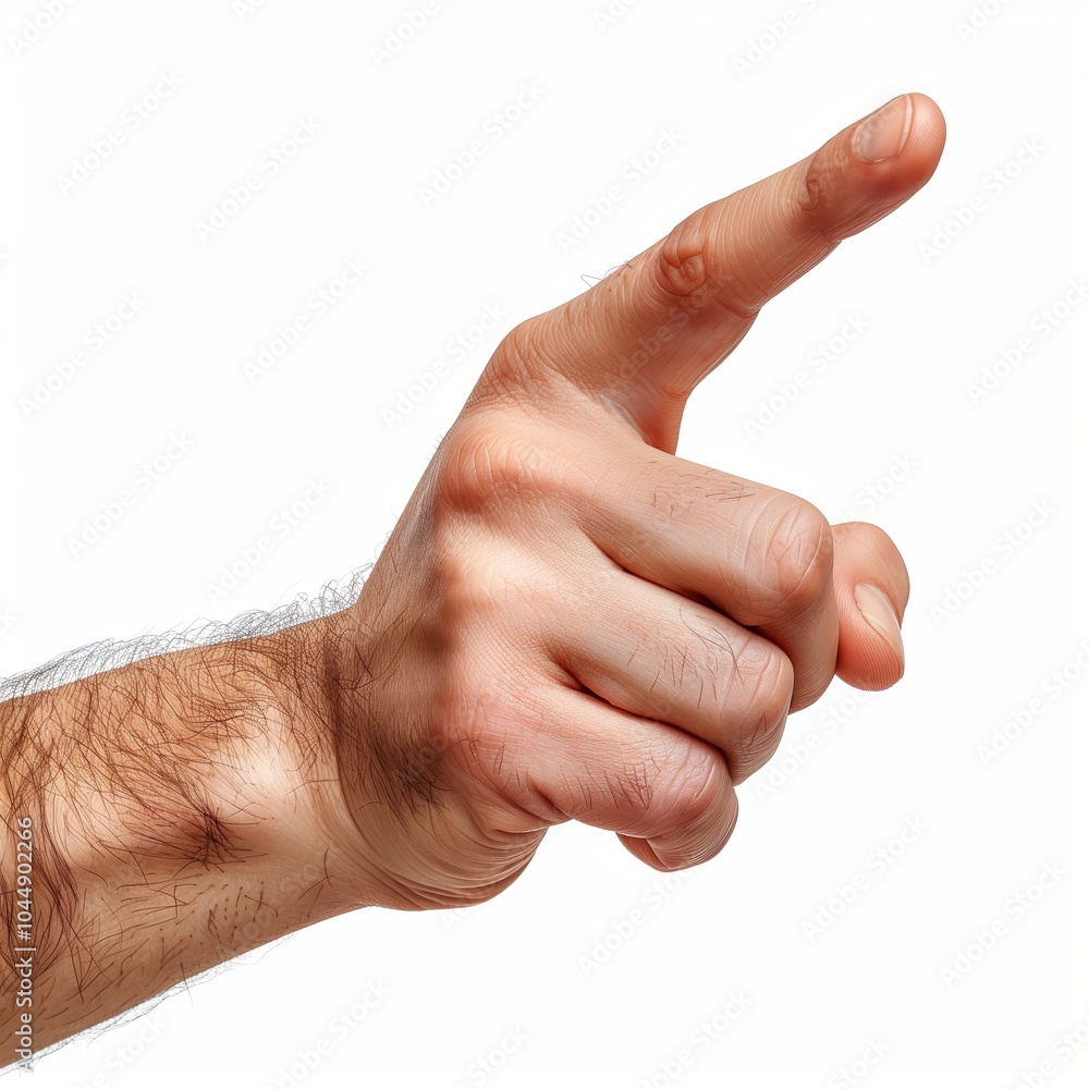 Side view of a light-skinned hand pointing forward with index finger ...