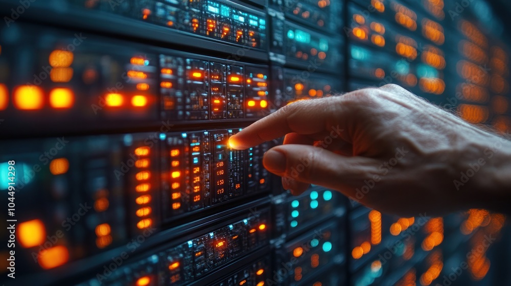 A close-up of a hand reaching out and touching a server rack in a data ...
