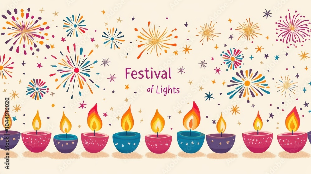 Flat illustration of the Festival of Lights with rows of Diya lamps ...