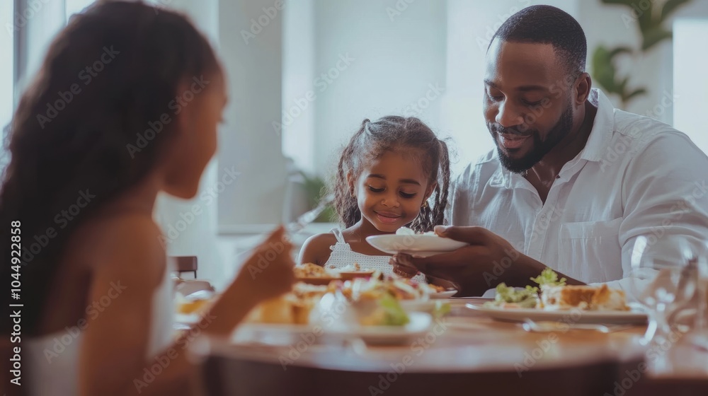 Family dinner with dad serving his wife and daughter at the table, clean image with minimal ...