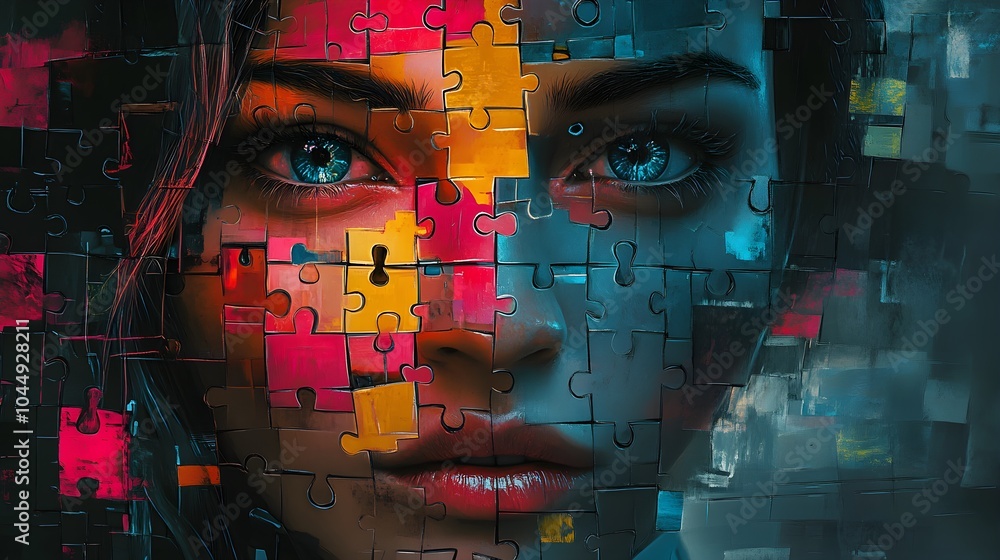 Abstract depiction of a woman's face interlocked with puzzle pieces ...