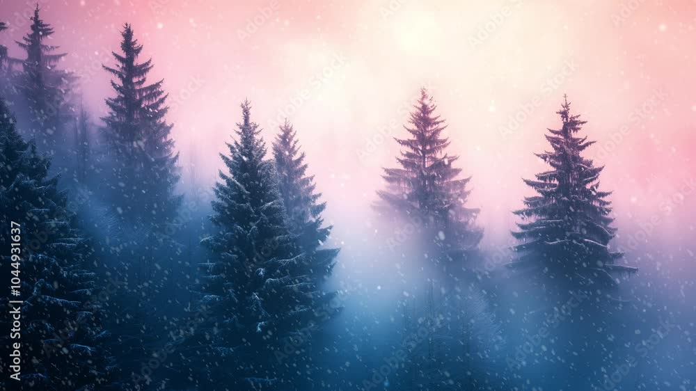 Enchanted Winter Forest Scene with Snowfall, Twilight Hues, and ...