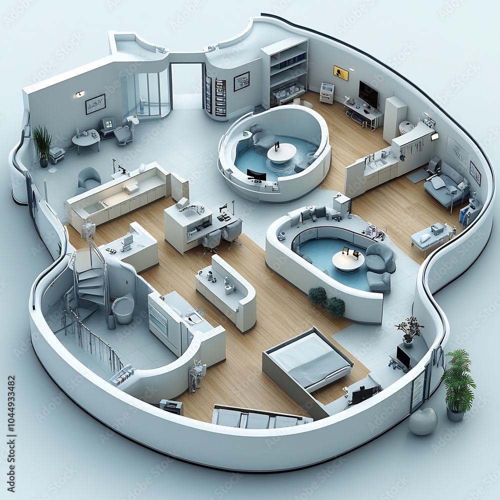 Top view 3D floor plan render of hospital with specialized areas for ...