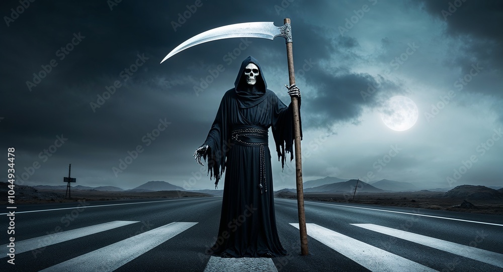 Grim reaper standing at a crossroad background ominous figure cloaked ...