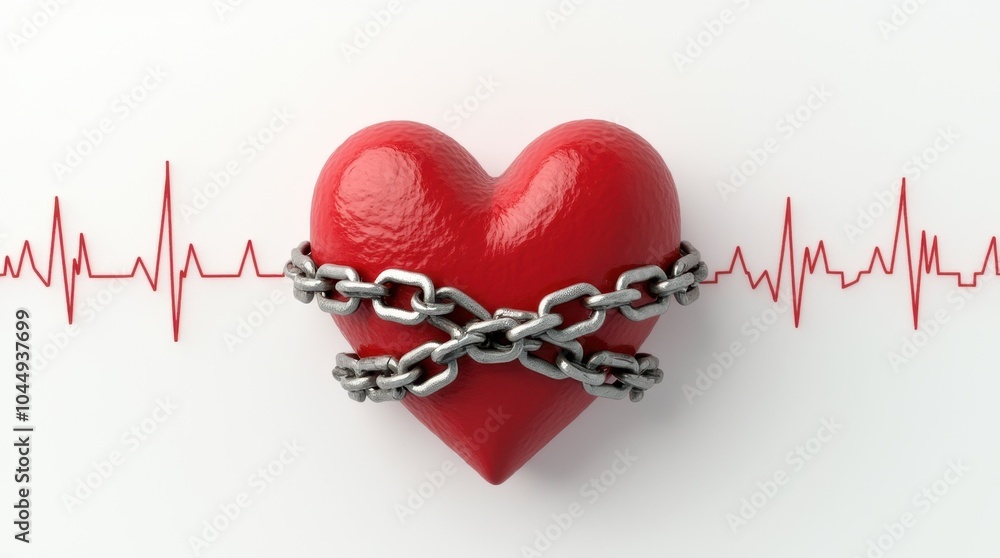 A heart-shaped object wrapped in thick chains, with a faint ...