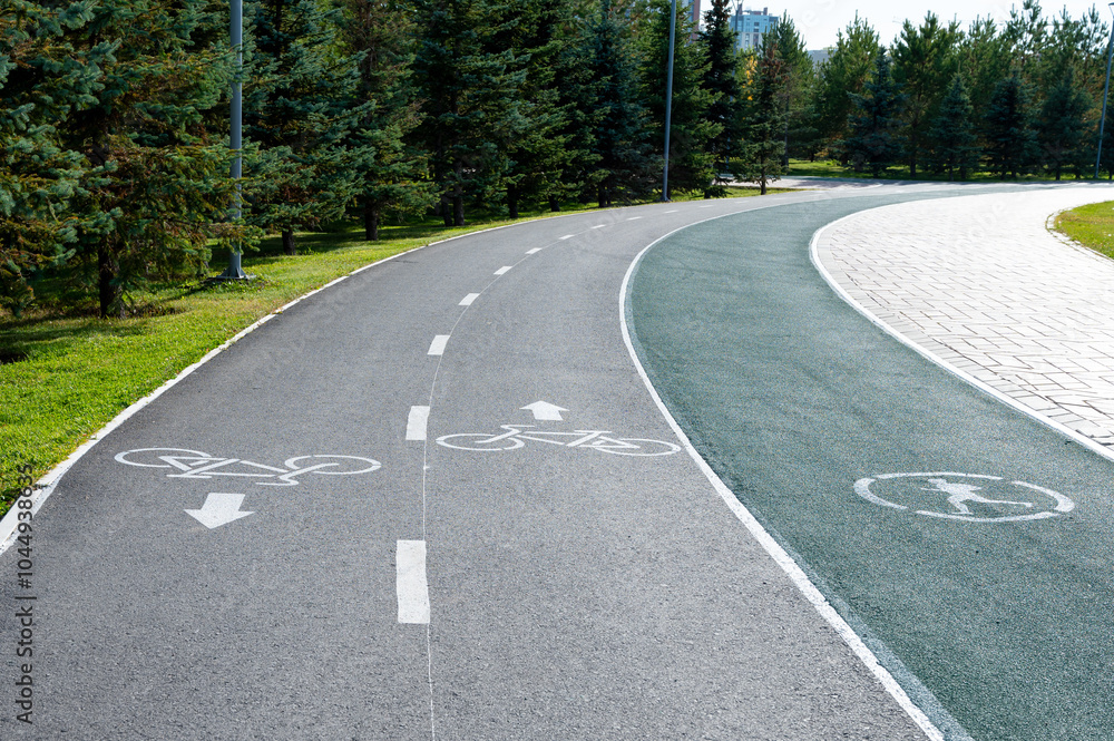 Fotografie, Obraz Curved pathway with bike and pedestrian markings in a ...