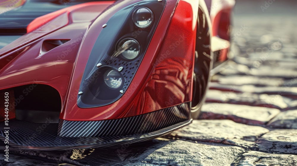 A striking close-up of a race car's front splitter and headlights ...