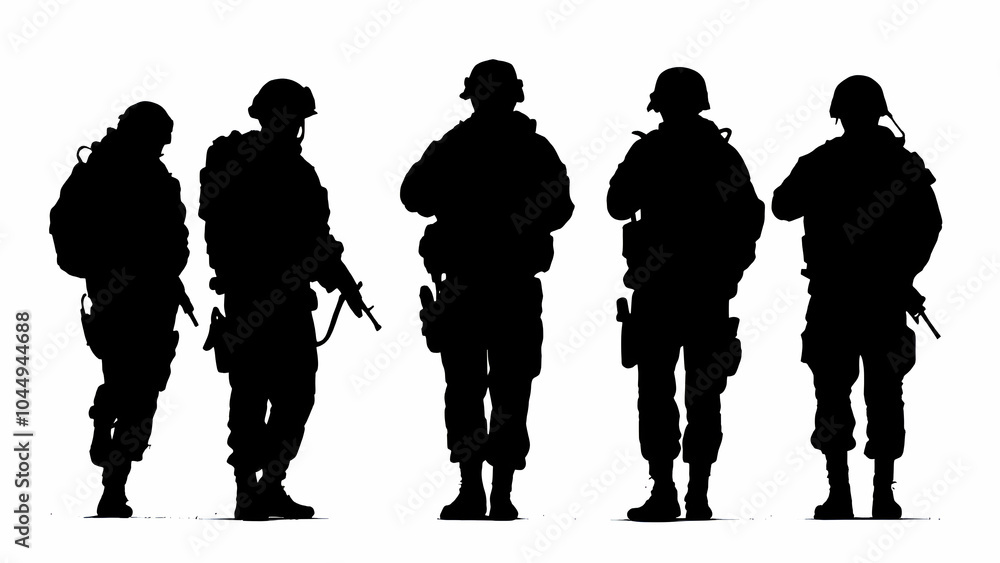 five black silhouettes of military personnel standing in formation, all ...