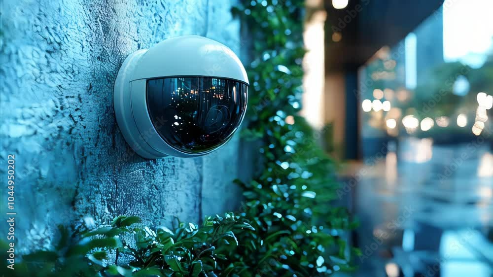 A modern outdoor security camera mounted on a wall, overlooking a ...