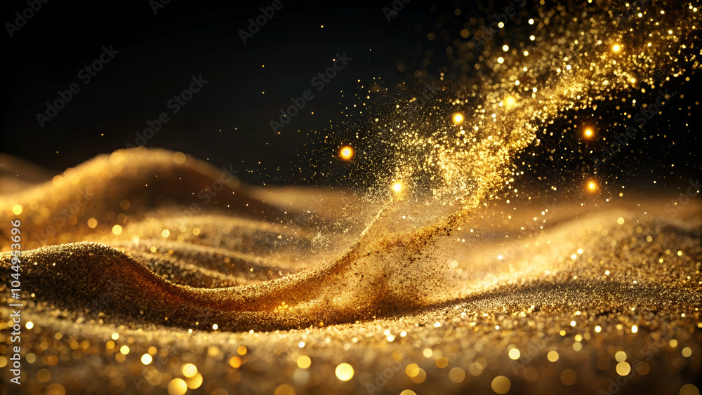 Glittering gold dust and fine sand swirling against a black background, resembling a storm of ...