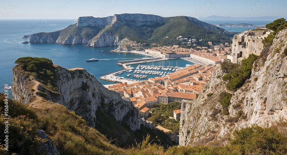 Rugged cliffs overlooking a medieval port background rugged cliffs ...