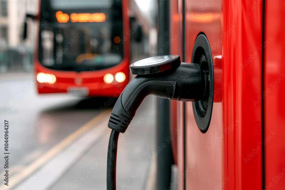The image shows an electric bus charging at a station, emphasizing ...