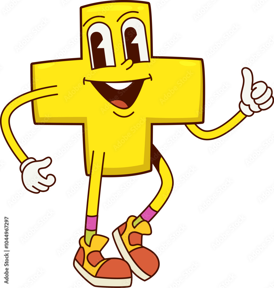 Cartoon plus math symbol groovy character with big eyes and happy smile ...