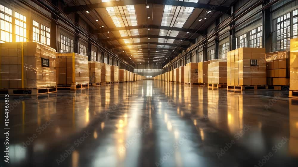 A well-organized warehouse with tall shelves lined with cardboard boxes ...
