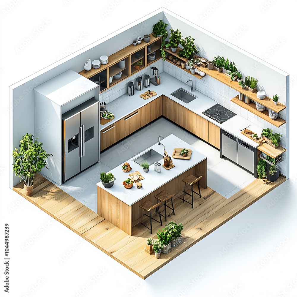 Top view 3D render of modern kitchen featuring a central island open ...