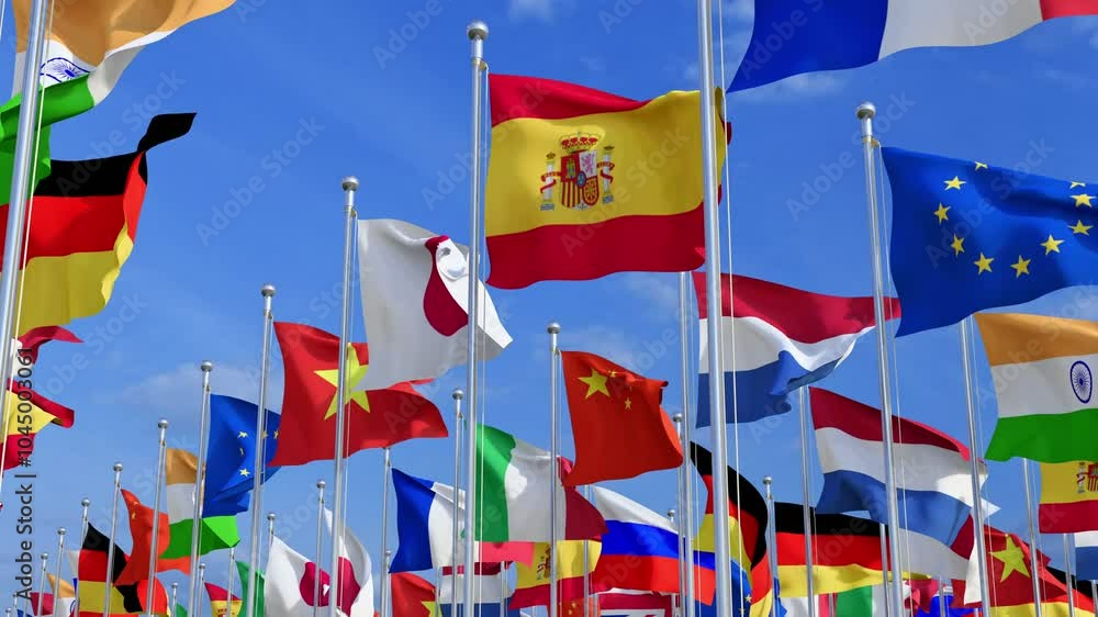 National flags of different countries in a rows on flagpoles. Flags ...