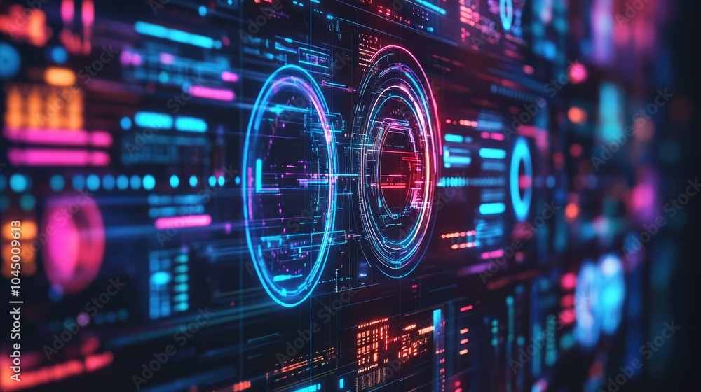 High-tech holographic interface with circular and grid-based HUD ...