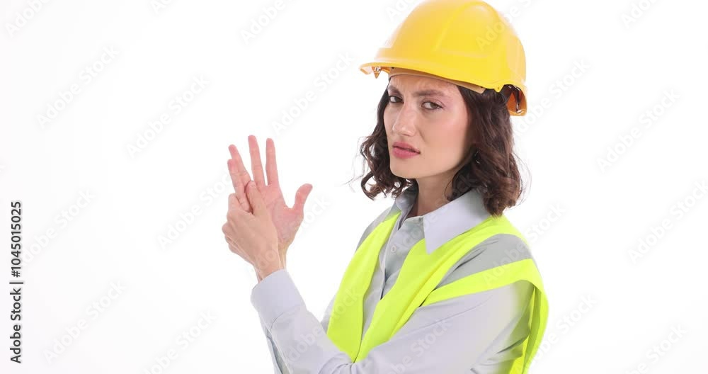 Sad woman engineer massages hand showing signs of pain. Female ...