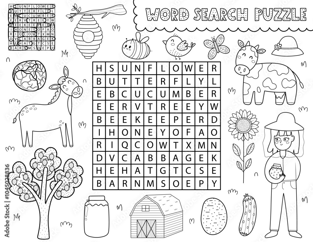 Vetor de Word search puzzle with cute farm characters. Find the hidden ...