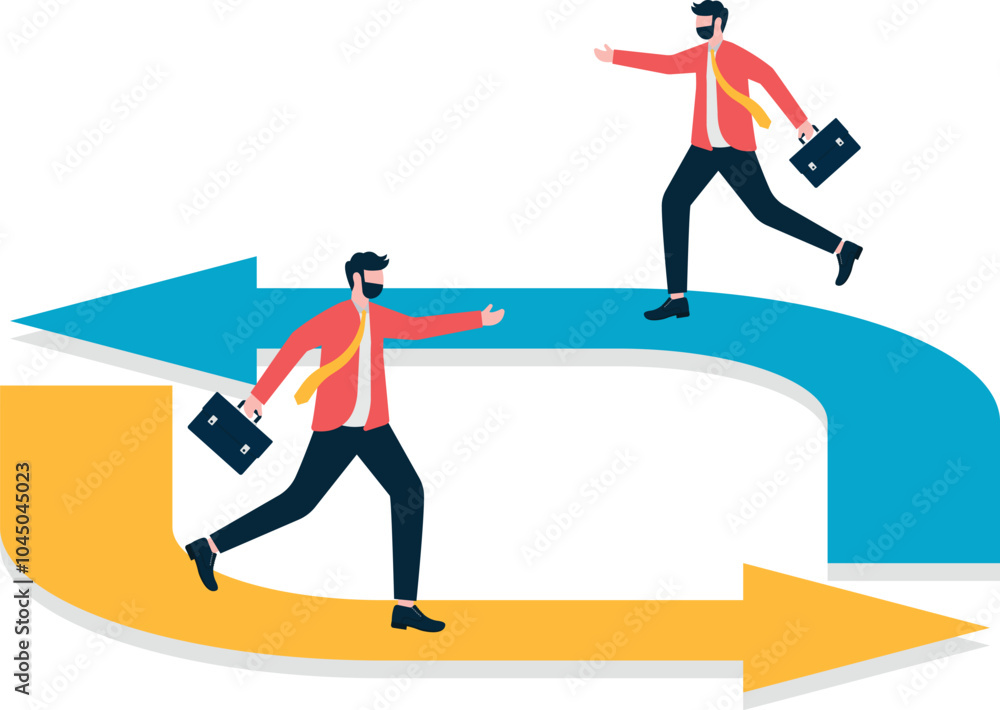 Four cartoon businessman running non-stop inside and outside the ...