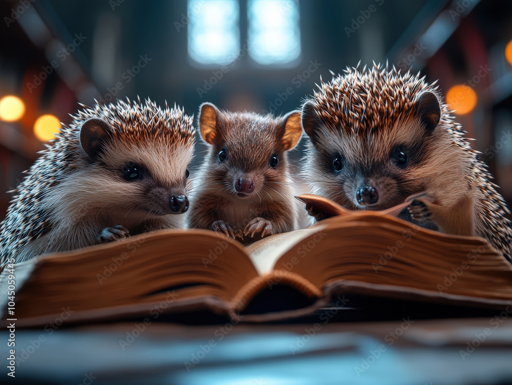 Three adorable hedgehogs gathering around an open book, curiously ...