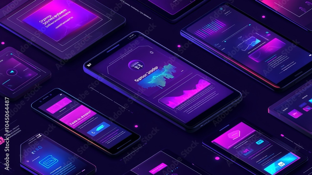 Isometric cartoon illustrations of web application design. Smartphone, laptop, tablet with ...