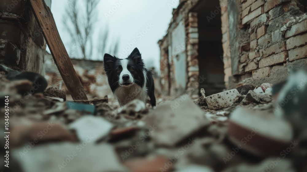 A border collie wanders through a scene of devastation, its gaze filled ...