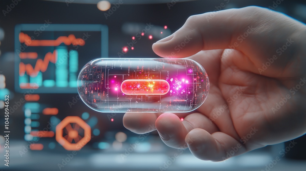 Hand holding a futuristic capsule with glowing particles and data ...
