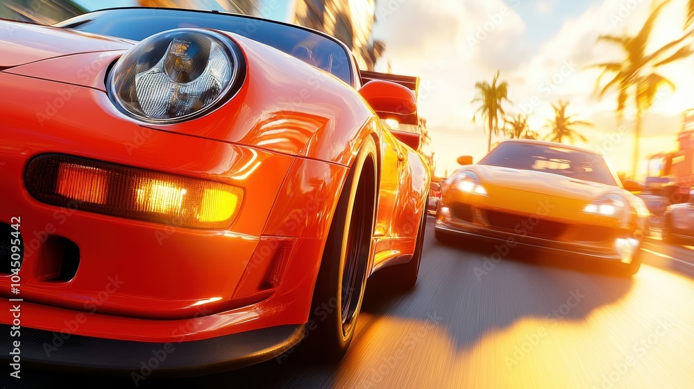 Two powerful cars speed side by side on a bustling road, showcasing a ...