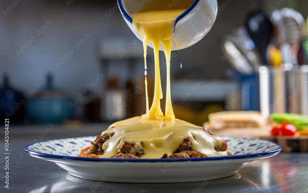 Cheese A white pitcher pouring melted cheese over a plate of meat and ...