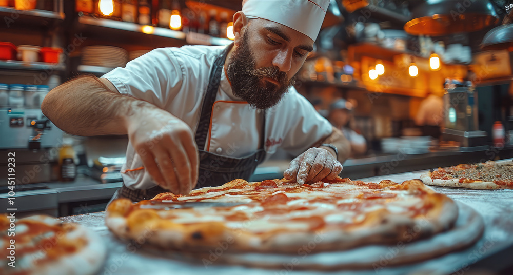 A chef tossing pizza dough in a restaurant, Multiple Pizzas with Flour ...