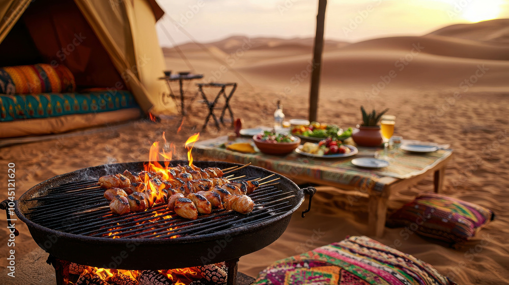 Desert BBQ Feast: A luxurious glamping scene unfolds, featuring a sizzling barbecue grill loaded ...