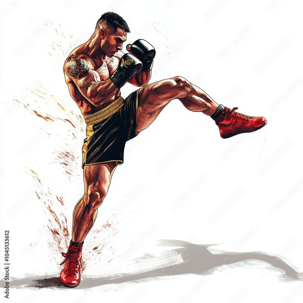 A stylized Muay Thai boxer delivering a sweeping leg kick, body in ...