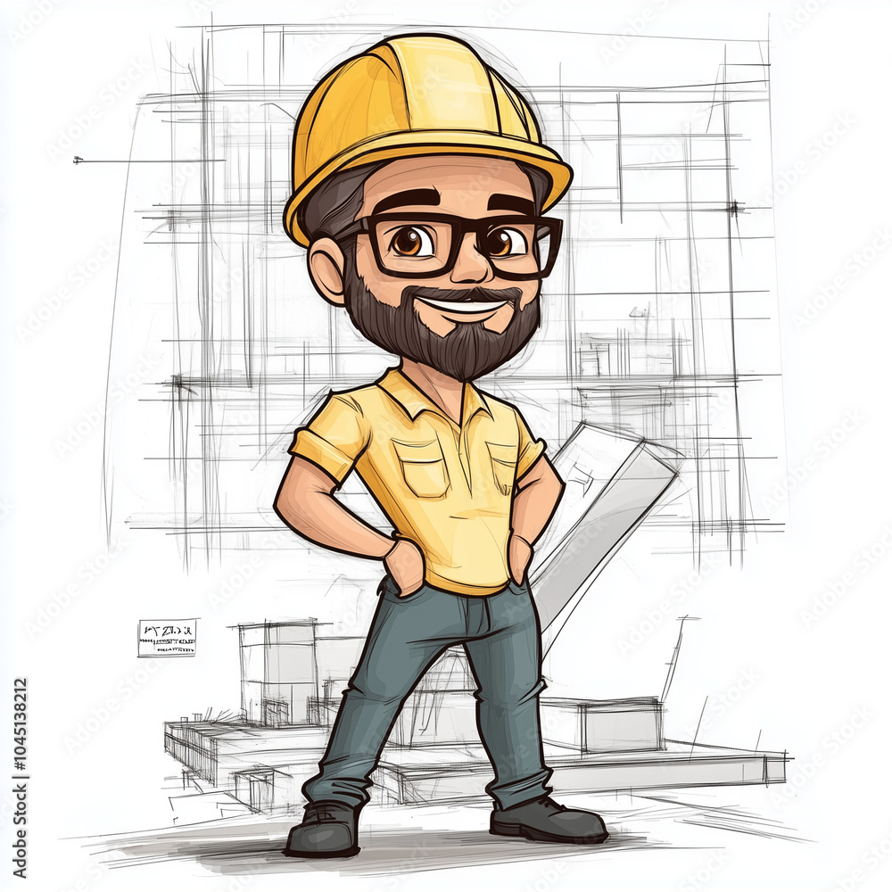 Cartoon of an engineer wearing work clothes, which includes a yellow ...
