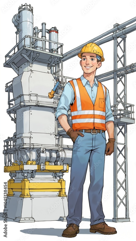 Cartoon of an engineer wearing work clothes, which includes a yellow ...