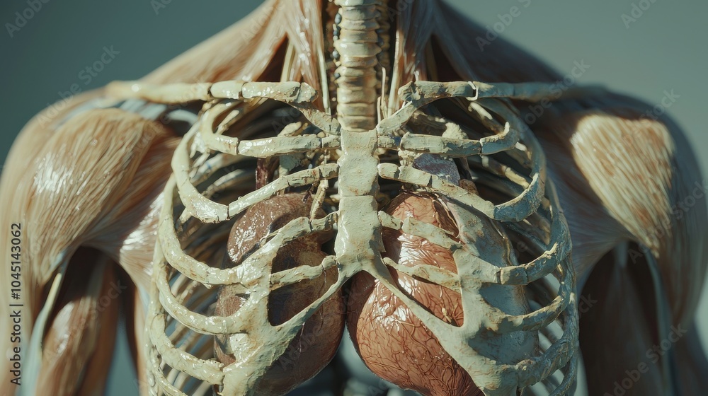 A close-up of the human torso showing the ribs lungs and heart the ...