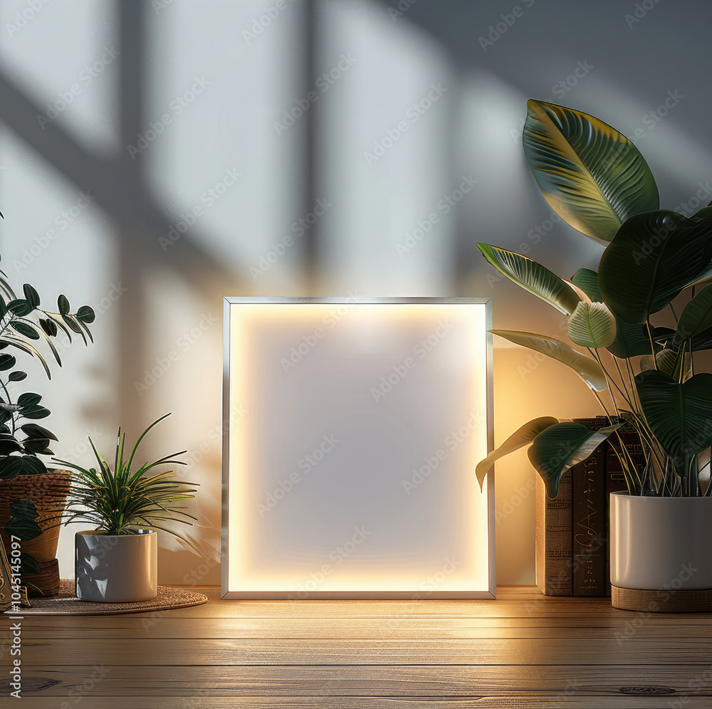 A square acrylic LED light mockup with white lighting and shadows ...