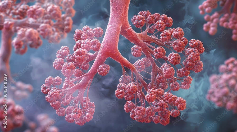 A medical illustration of the human respiratory system focusing on the ...