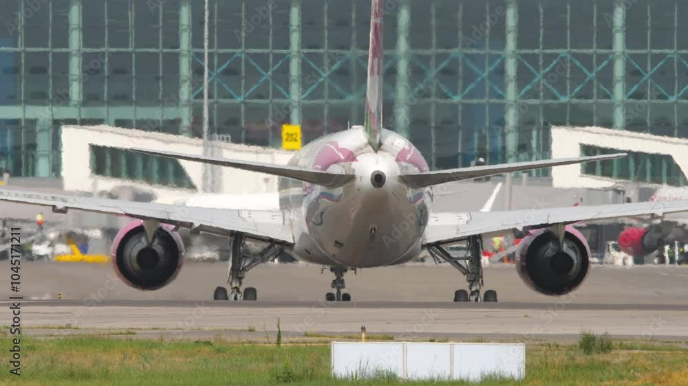 PAssenger airplane taxiing on the taxiway to the airport terminal after ...