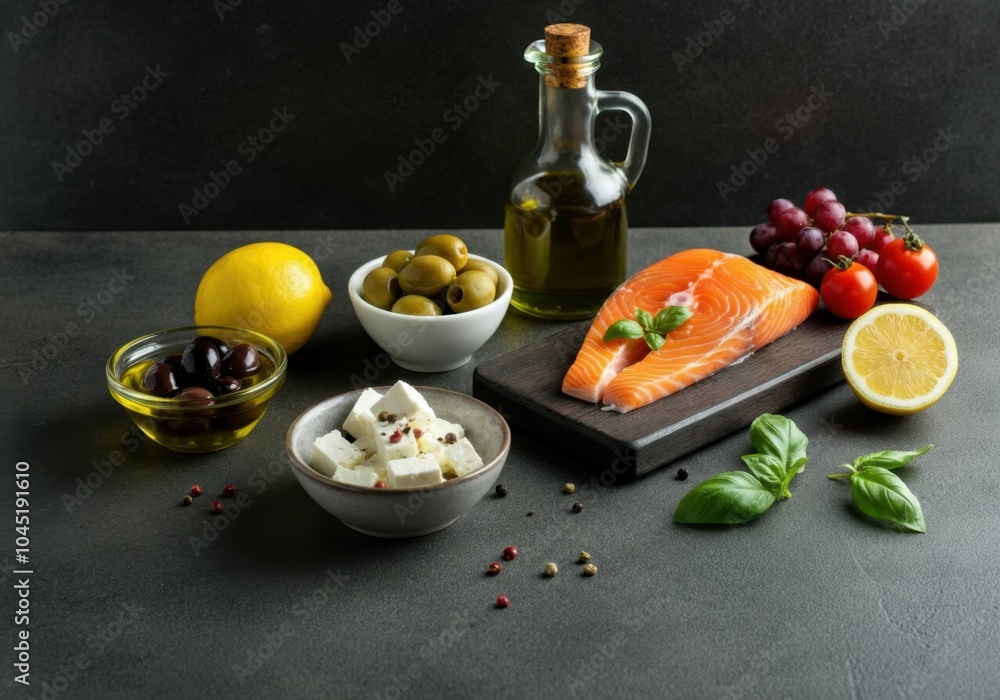 Bright and appetizing images of Olives, olive oil, tomatoes, basil ...
