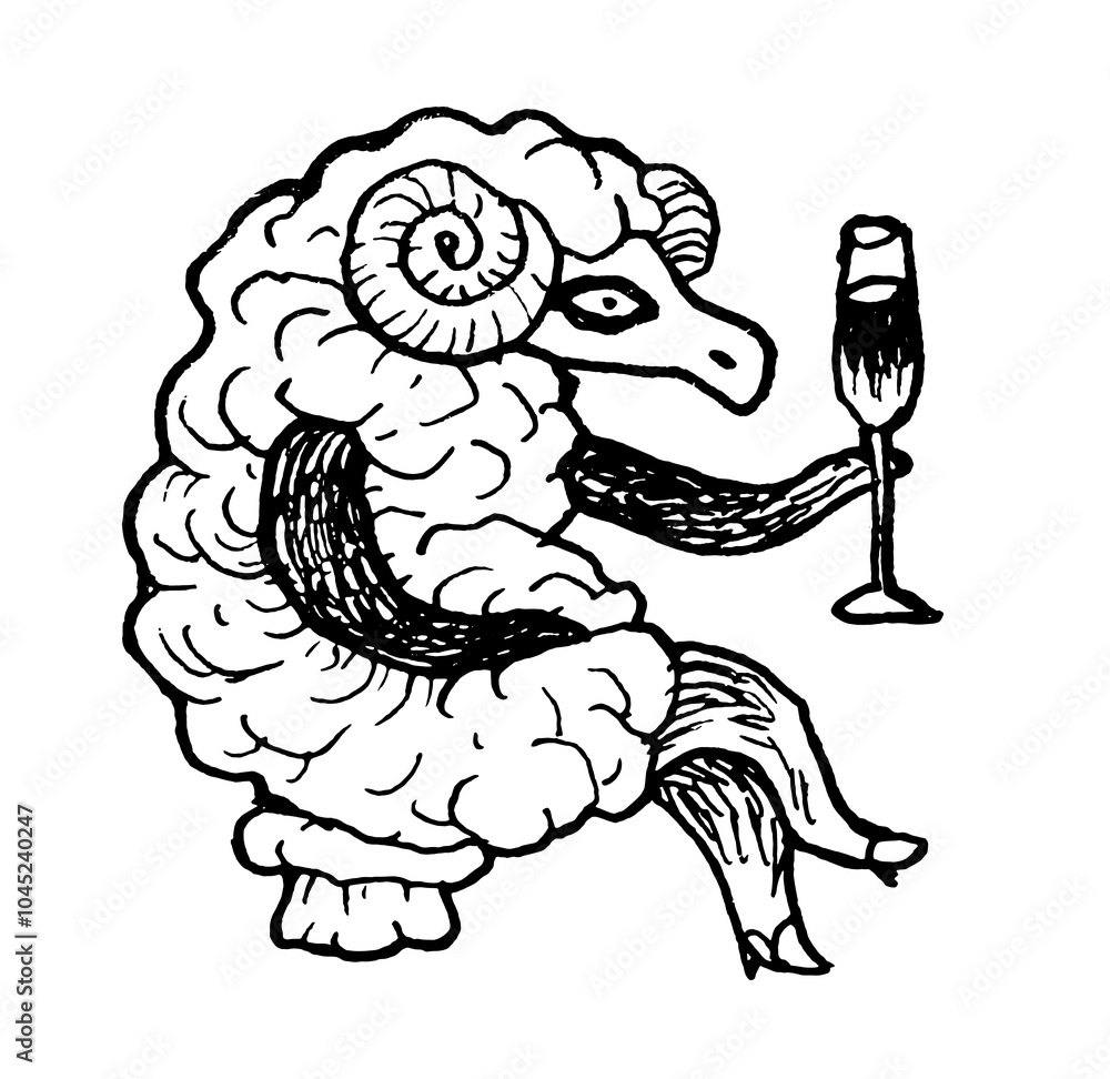 Sheep ram lamb with a glass of wine alcohol toast logo character tattoo ...