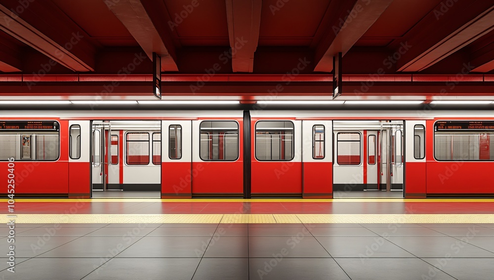 Modern subway station with red and silver trains docking at the ...