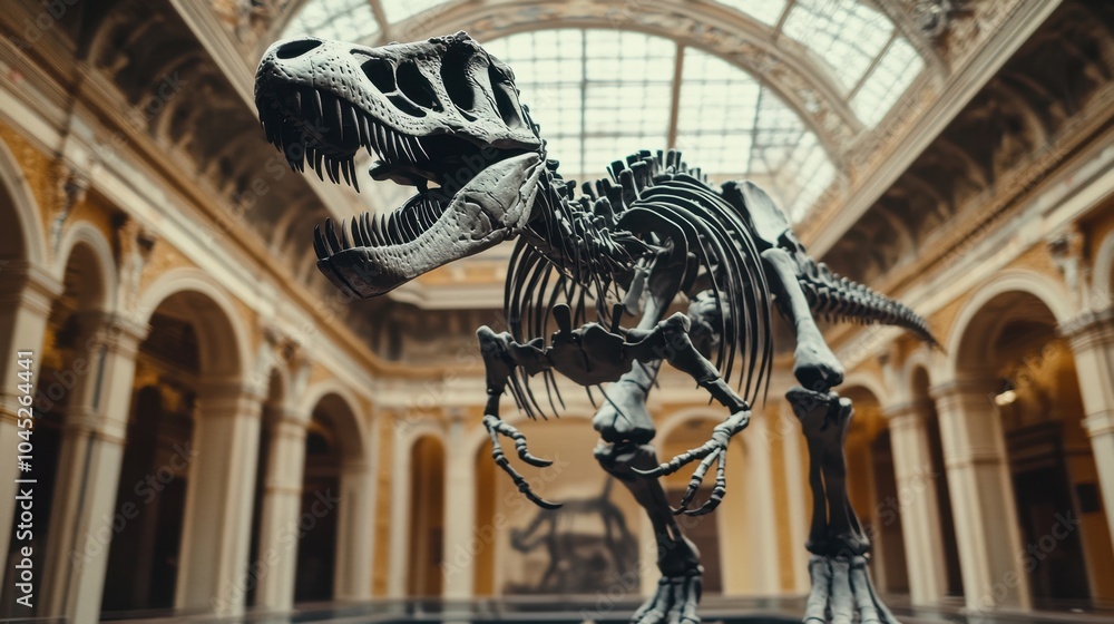 Majestic T. rex skeleton in a museum, bones preserved and arranged in a ...