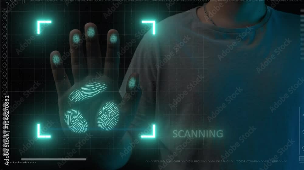 Man hand touches glass screen panel, holographic scanner interface ...