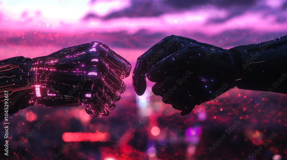 A robot and human hand fist bumping in front of a glowing, futuristic ...