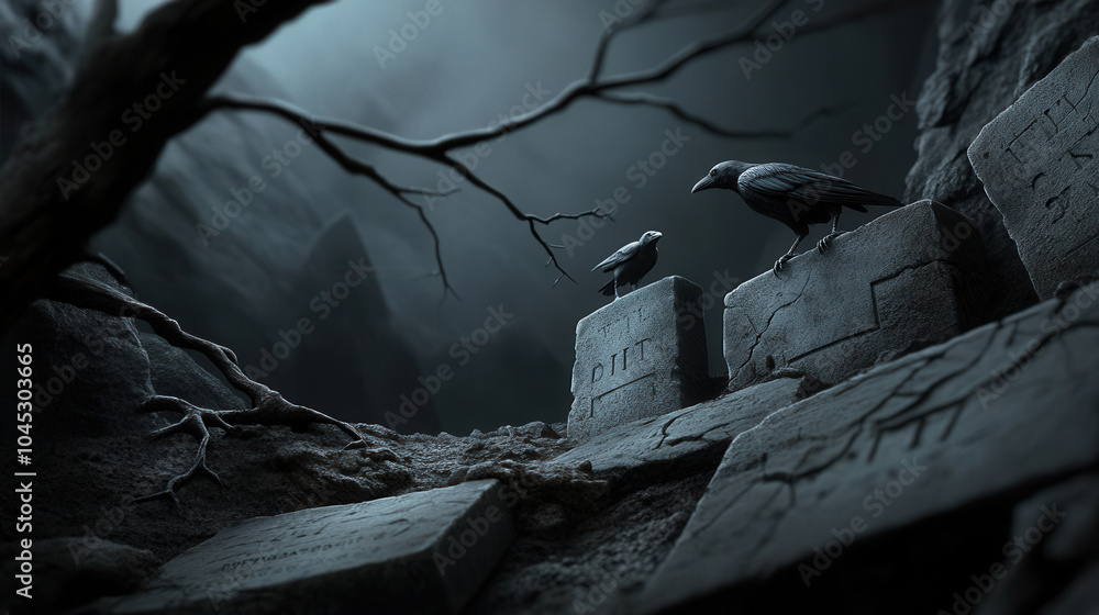 chilling graveyard scene featuring two crows perched on weathered tombstones, surrounded by ...