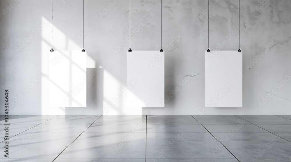 Hanging paper posters - realistic blank template of three white sheets ...