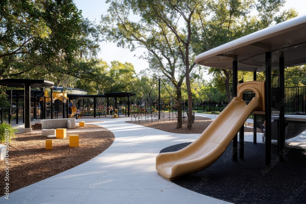 A modern playground features slides and play structures, surrounded by ...