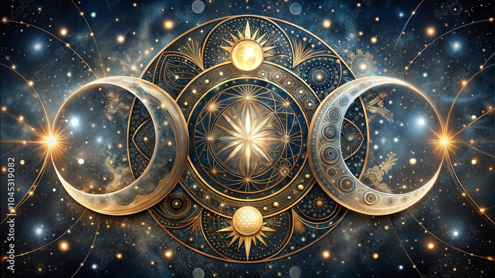Triple goddess moon symbol with cosmic elements and radiant stars on a ...