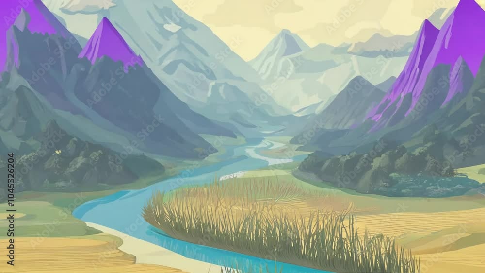 rice views Animation mountain rivers fields natural illustration ...